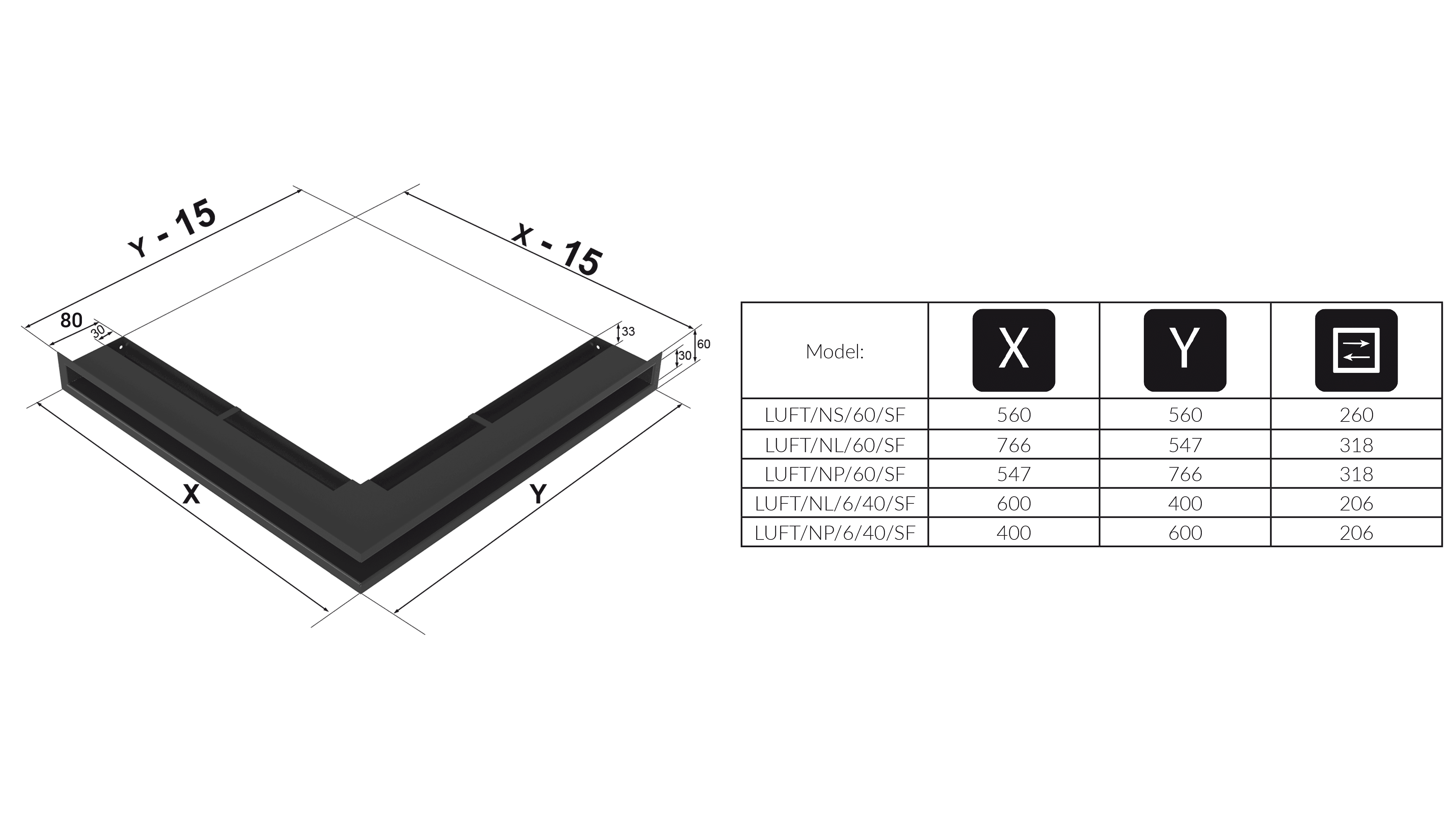 Grille de cheminée LUFT coin droite 54,7x76,6x6 graphite Slim | Kratki